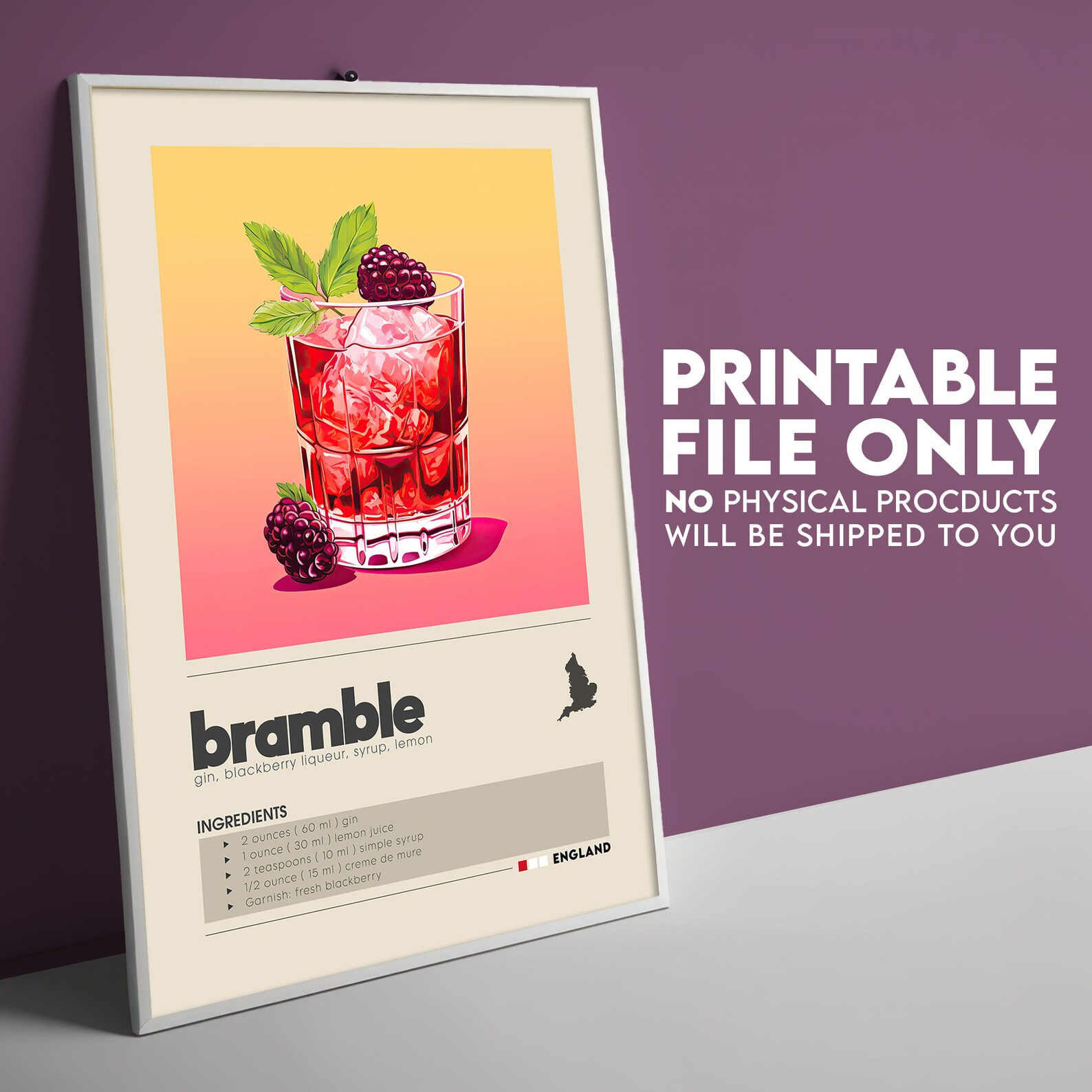 Bramble Cocktail Poster | Minimalist Bar Cart Decor | Printable Digital ...