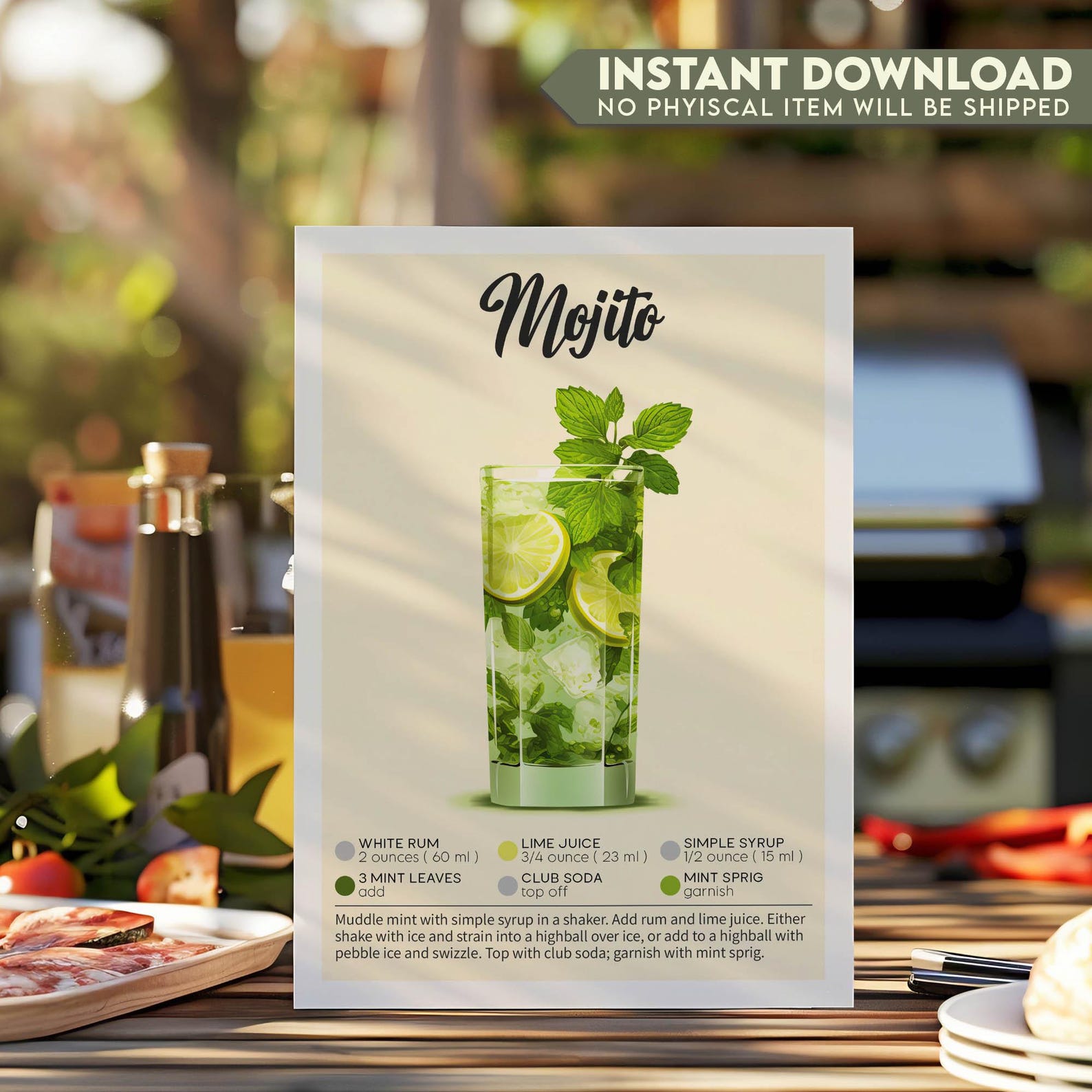 Printable Mojito Recipe Card Set: Bar Cart Art (digital Download 5x7 ...