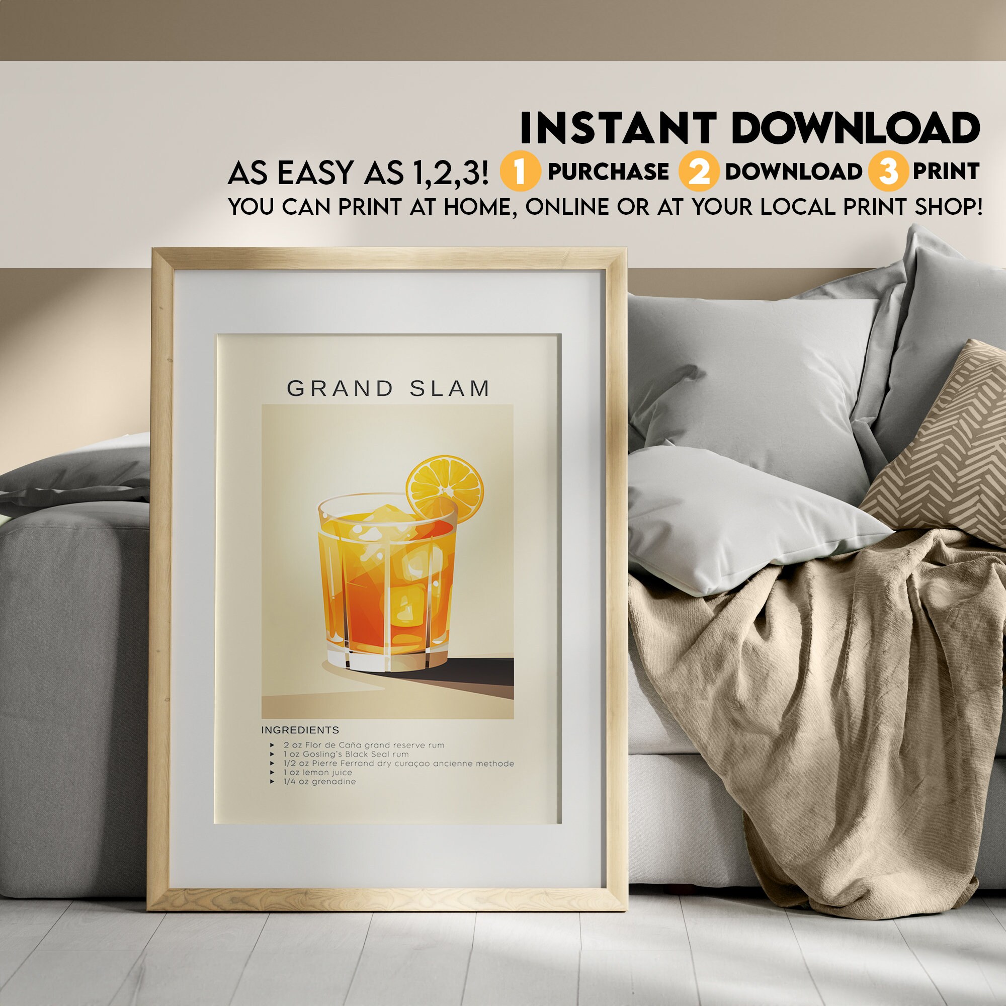 Grand Slam Cocktail Art Print Bar Cart Wall Decor Printable Alcohol ...