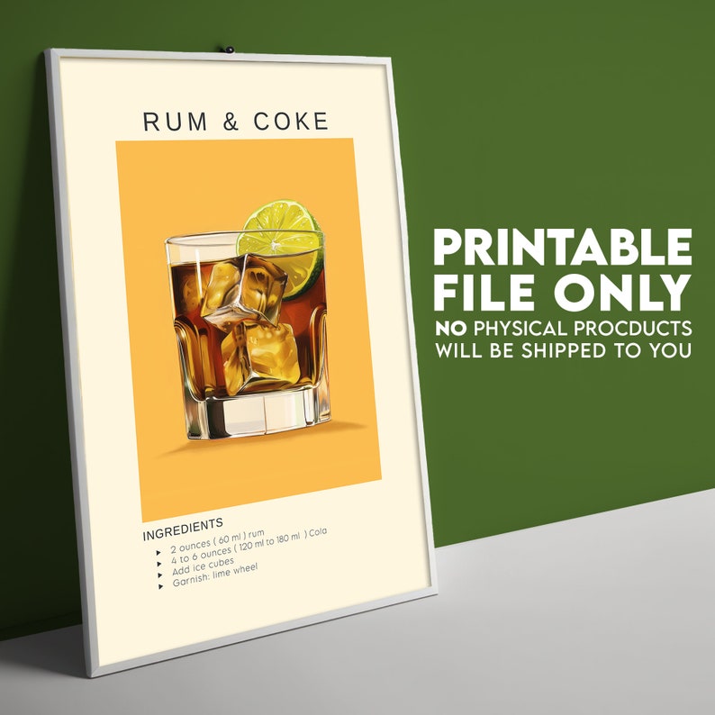 Rum & Coke Cocktail Poster | Minimalist Bar Cart Decor | Printable ...