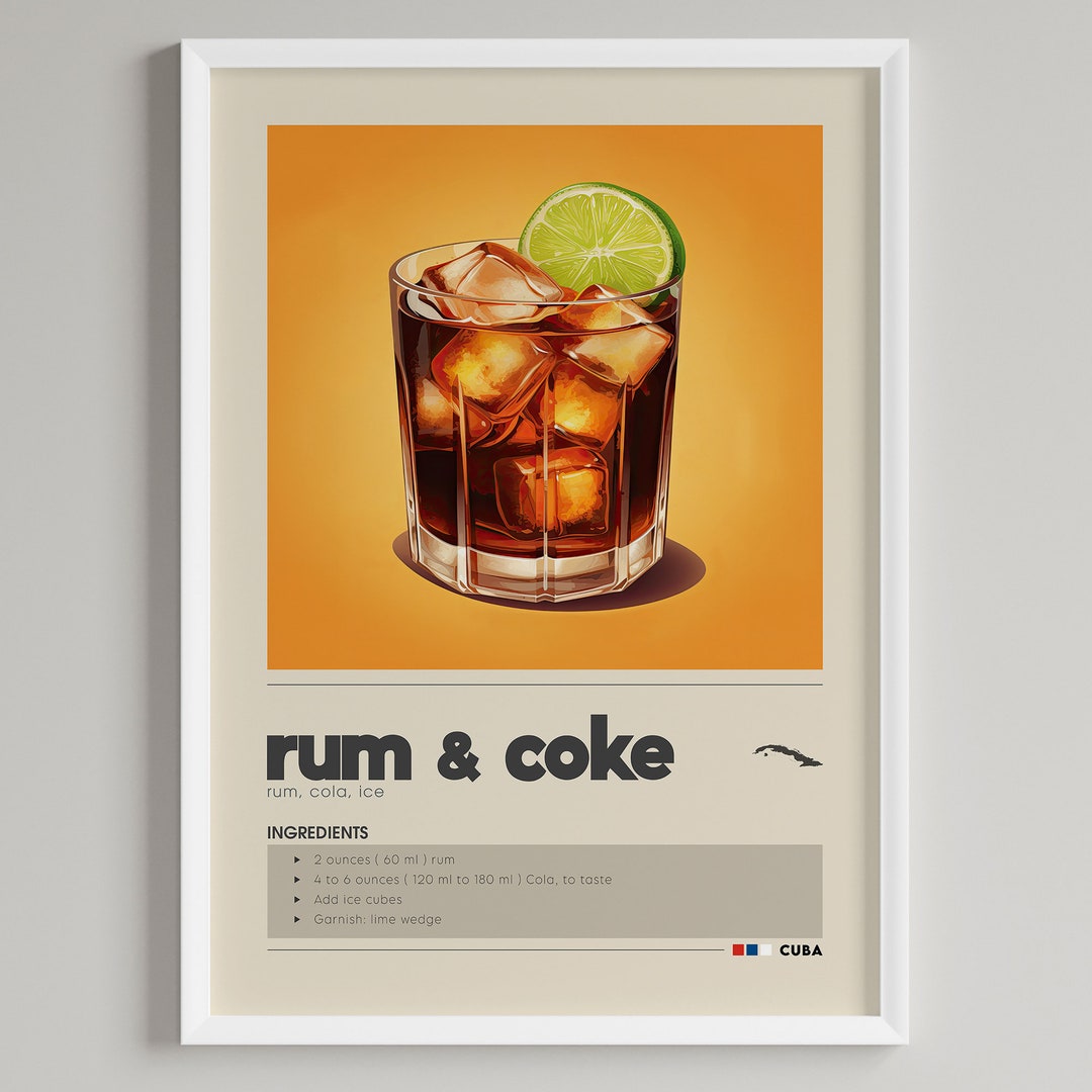 Rum & Coke Cocktail Poster | Minimalist Bar Cart Decor | Rum Lover ...