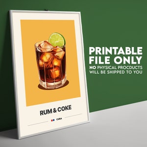 Rum N Coke Cocktail Poster | Minimalist Bar Cart Decor | Printable ...