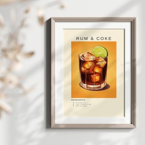 Rum & Coke Cocktail Art Print Bar Cart Wall Decor Printable Alcohol ...