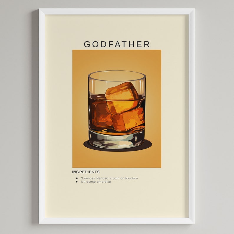 Godfather Cocktail Art Print | Bar Cart Wall Decor | Printable Alcohol ...