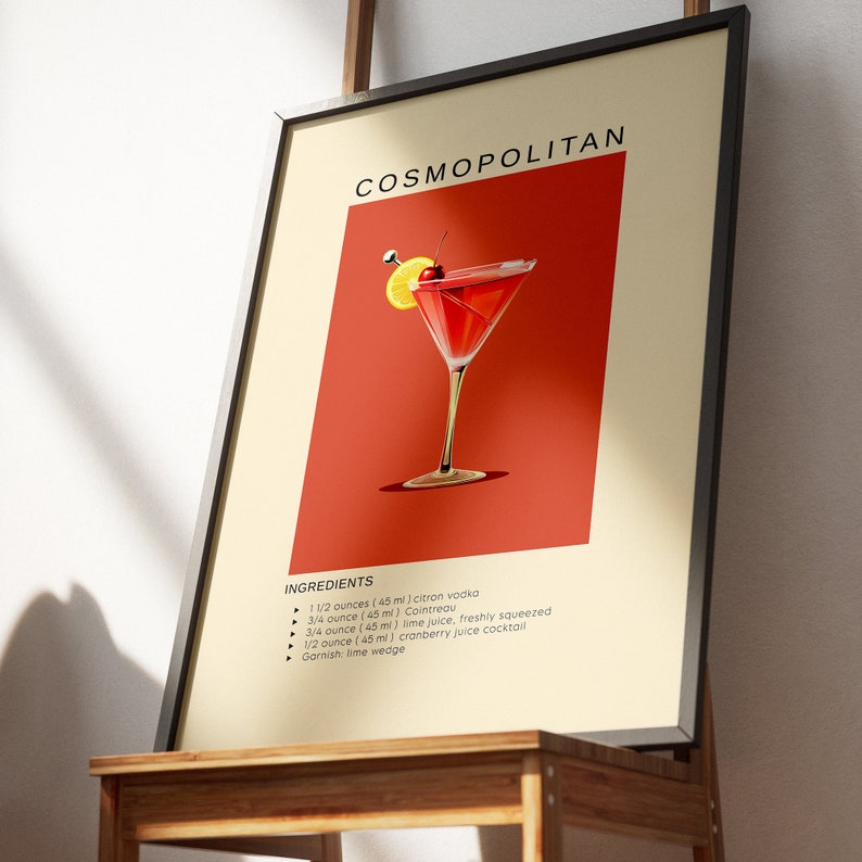 Cosmopolitan Cocktail Poster | Classic Minimalist Bar Cart Decor ...