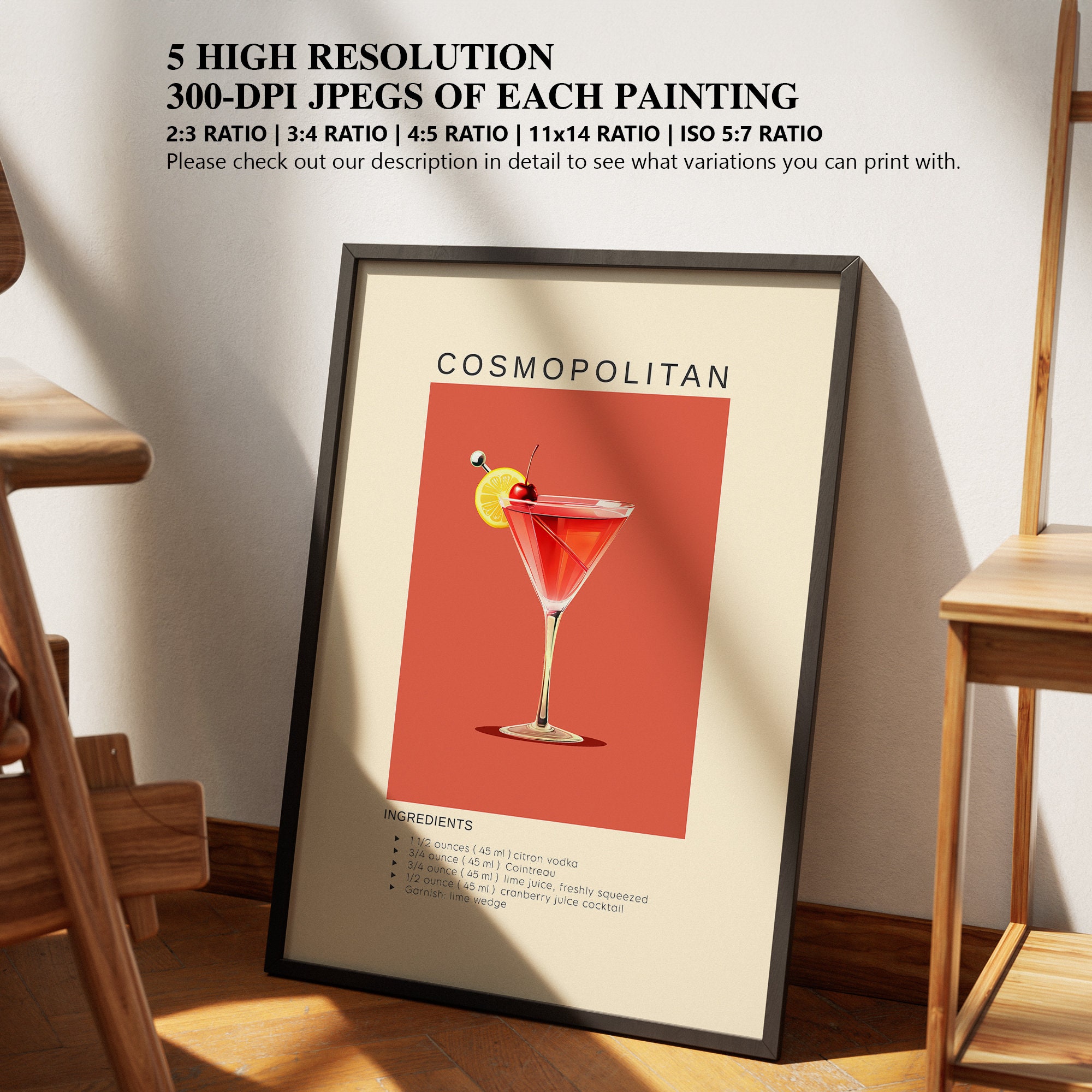 Cosmopolitan Cocktail Poster | Classic Minimalist Bar Cart Decor ...