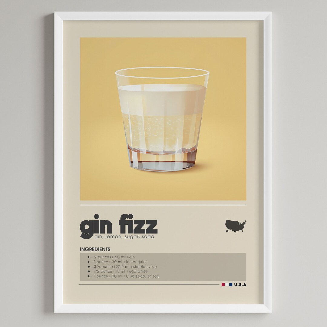 Gin Fizz Cocktail Poster | Minimalist Bar Cart Decor | Printable ...