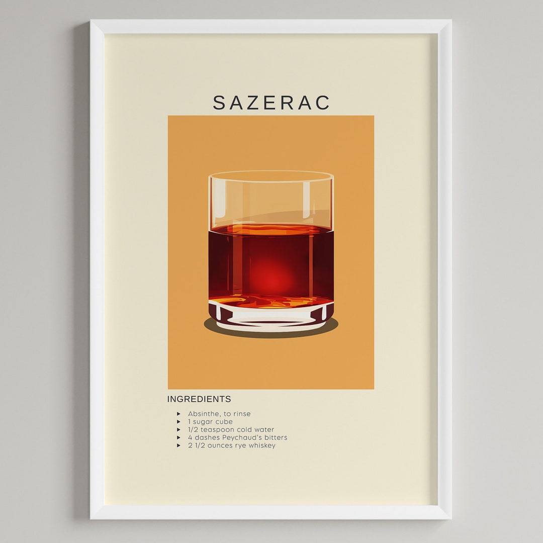 Sazerac Cocktail Poster | Minimalist Bar Cart Decor | Classic Drink ...