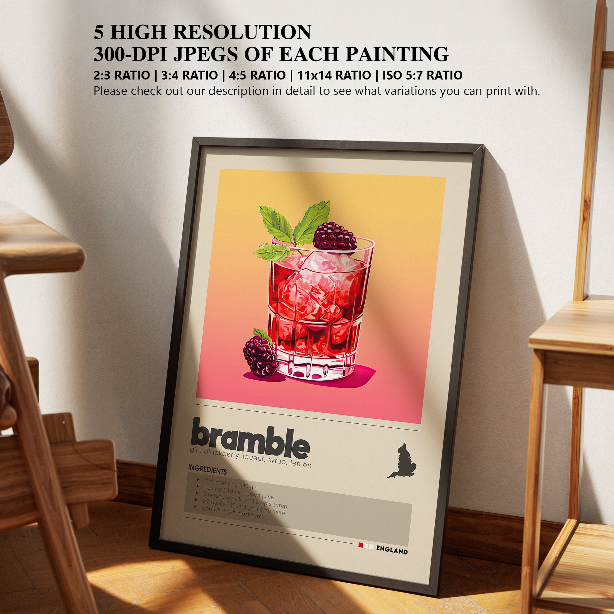Bramble Cocktail Poster | Minimalist Bar Cart Decor | Printable Digital ...