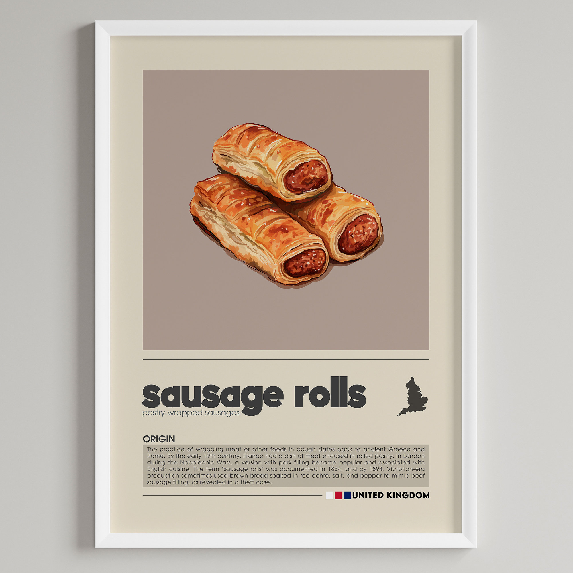 Sausage Rolls Poster: English Food Art, Minimalist Kitchen Print ...