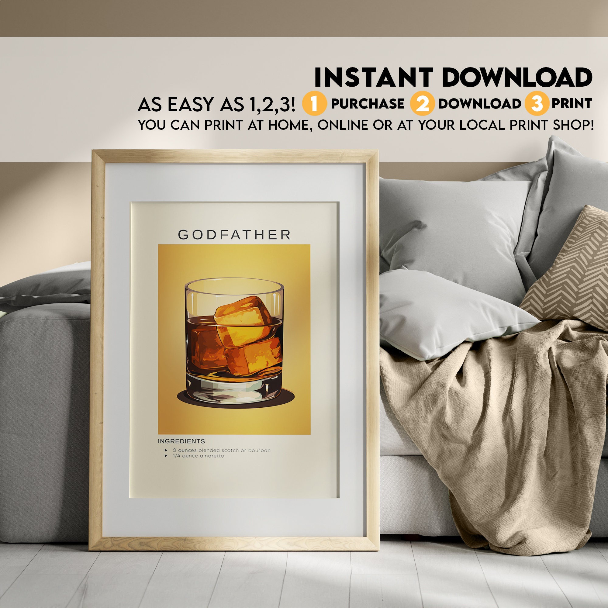 Godfather Cocktail Recipe Art Print: Whiskey Lover Gift (digital ...