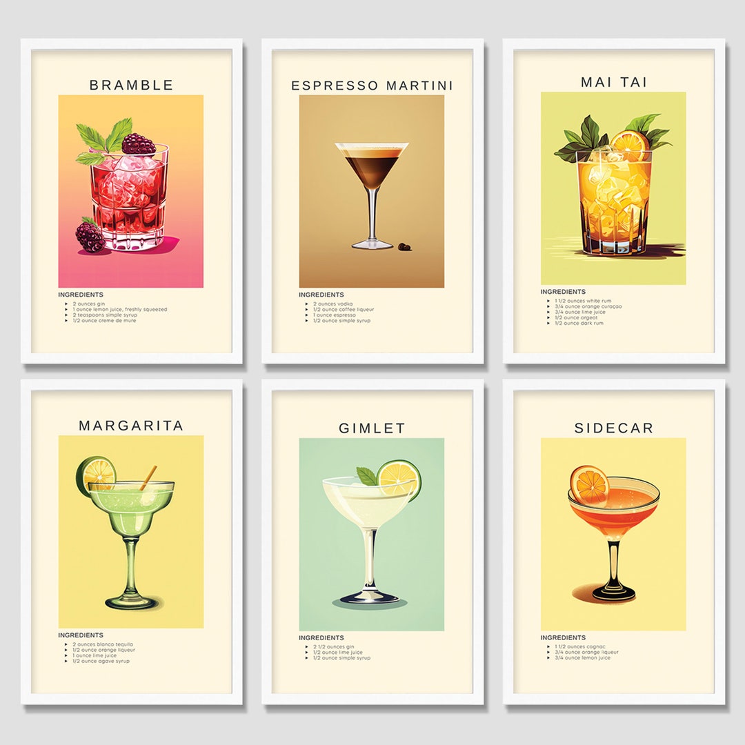 Retro Cocktail Recipe Prints Set of 6: Espresso Martini, Bramble ...