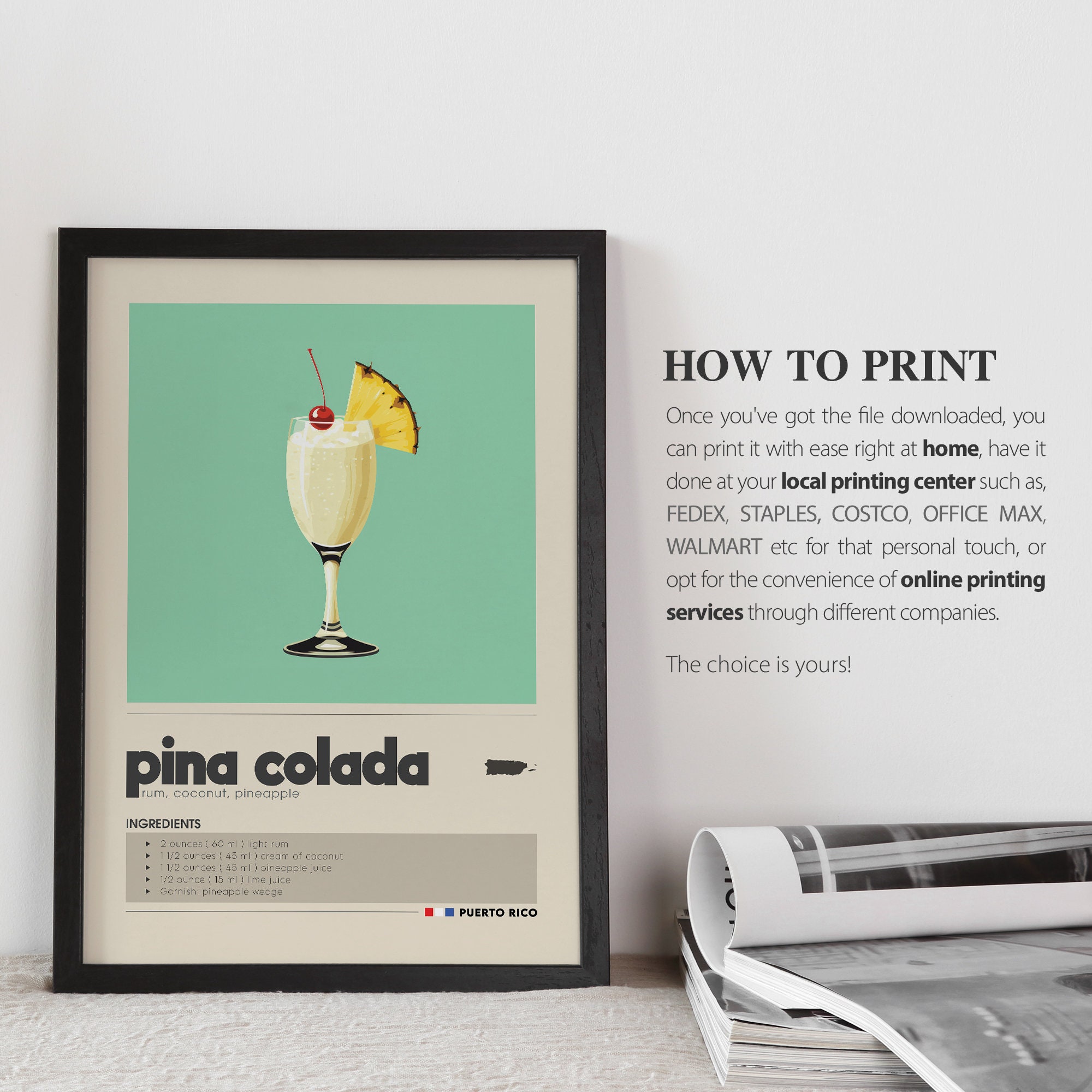 Pina Colada Cocktail Print Bar Cart Decor Minimalist Classic Drink ...