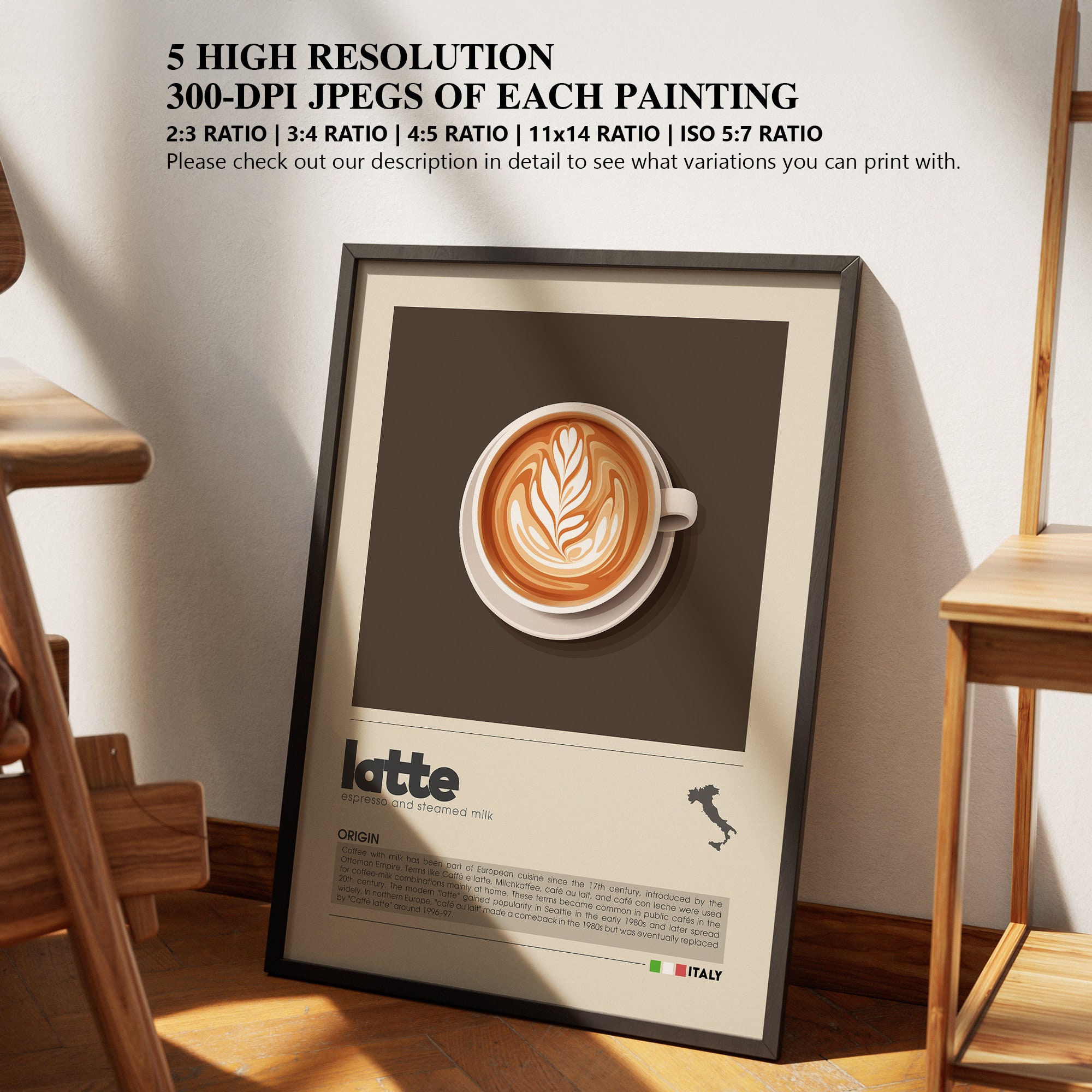 Latte Poster Minimalist Italian Coffee Art Caffe Illustration Cafe Wall ...