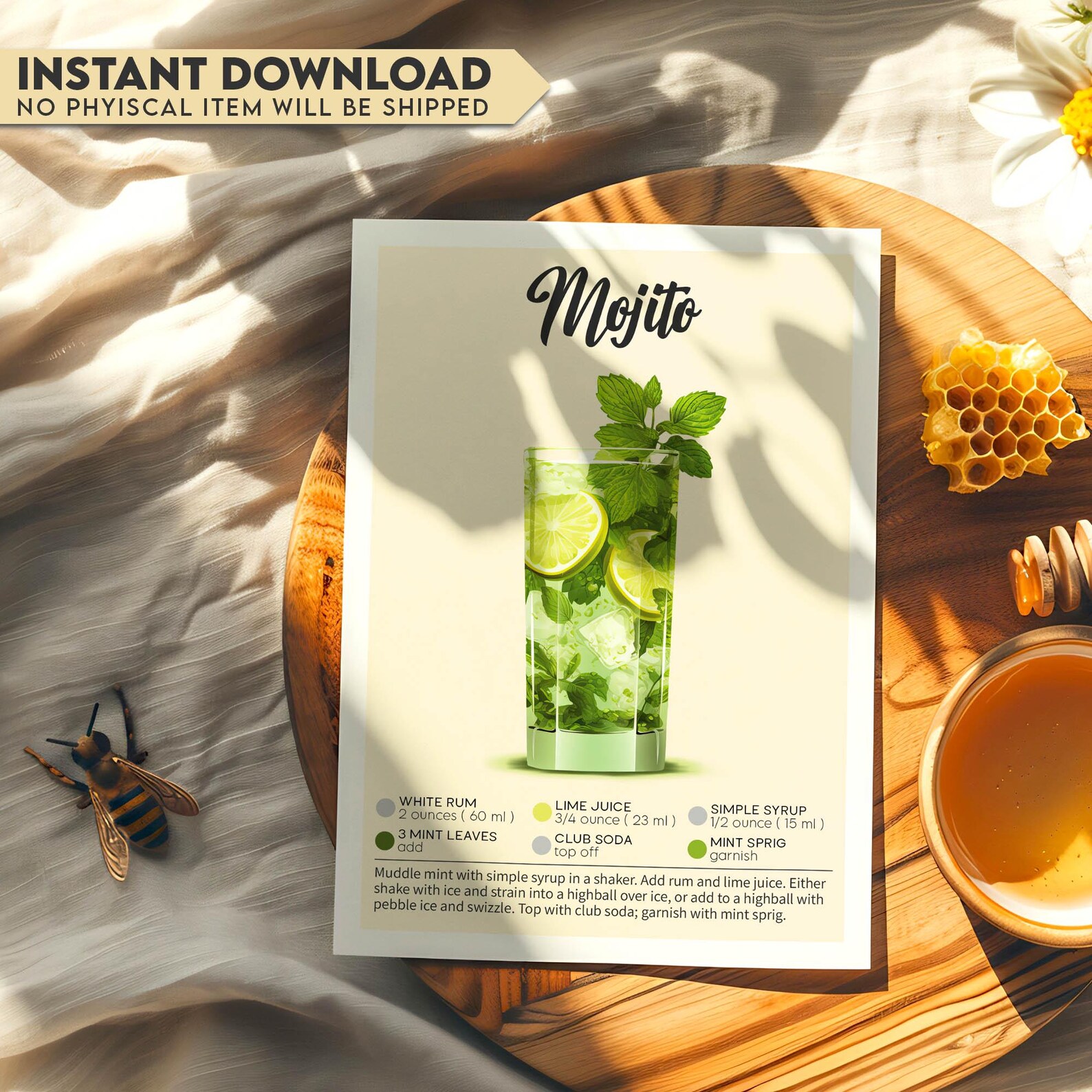 Printable Mojito Recipe Card Set: Bar Cart Art (digital Download 5x7 ...