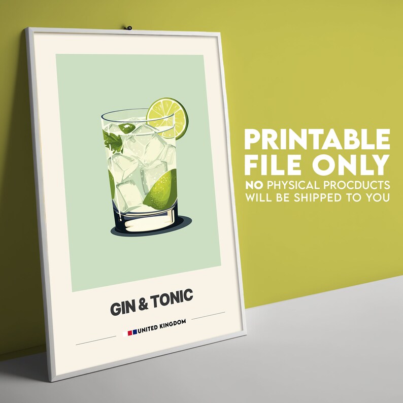 Gin & Tonic Cocktail Poster | Minimalist Bar Cart Decor | Printable ...