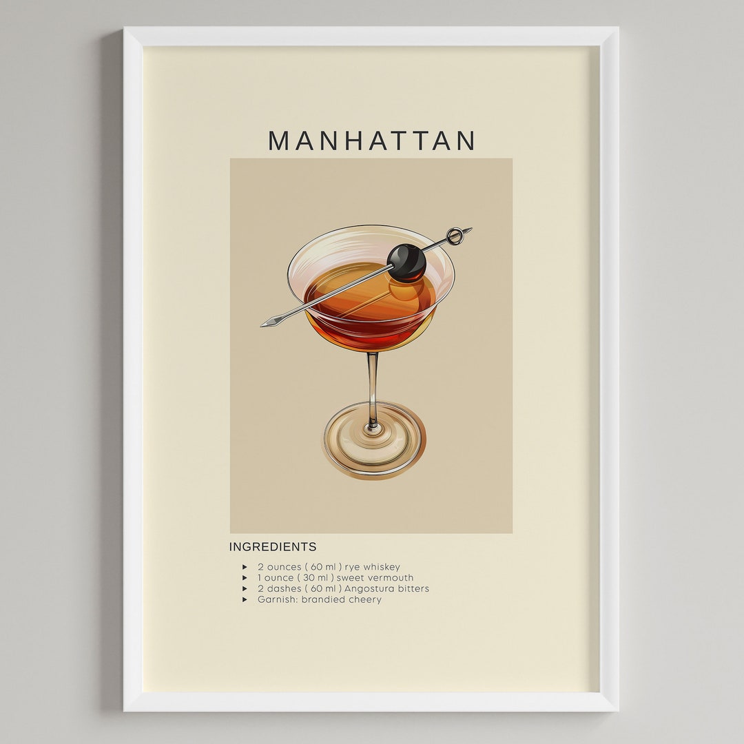 Manhattan Cocktail Poster | Classic Minimalist Bar Cart Decor | Digital ...