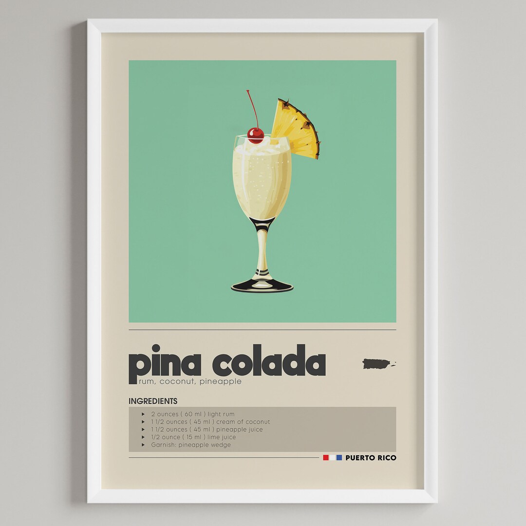 Pina Colada Cocktail Print | Bar Cart Decor | Minimalist Classic Drink ...