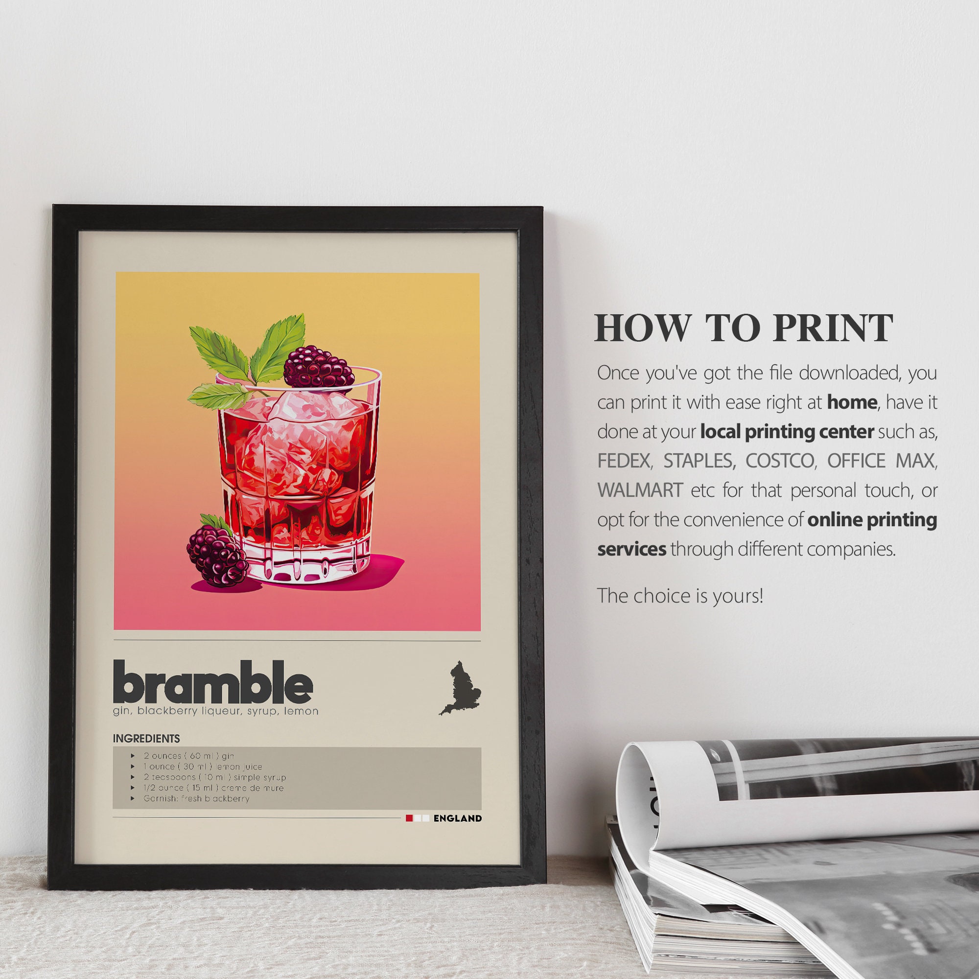 Bramble Cocktail Poster | Minimalist Bar Cart Decor | Printable Digital ...