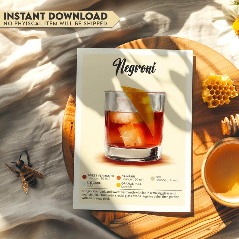 Printable Negroni Recipe Card Set: Bar Cart Art (digital Download 5x7 ...