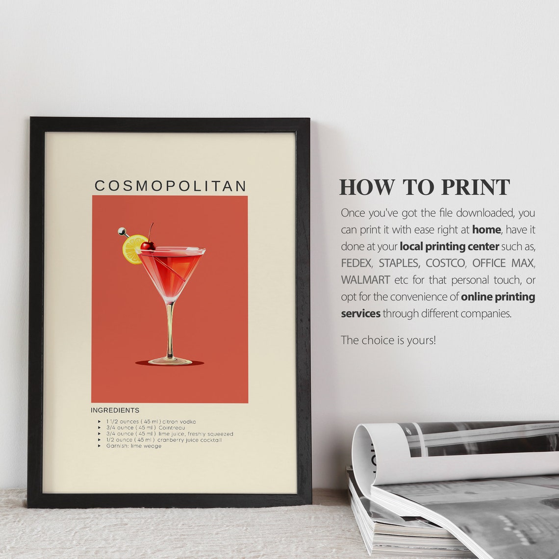 Cosmopolitan Cocktail Poster Classic Minimalist Bar Cart Decor Digital ...