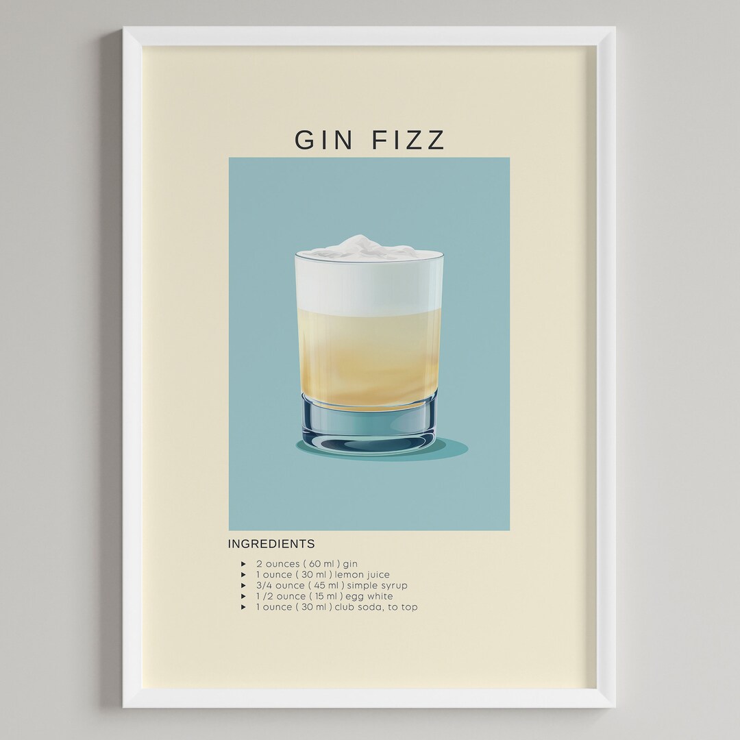 Gin Fizz Cocktail Poster | Classic Minimalist Bar Cart Decor | Digital ...