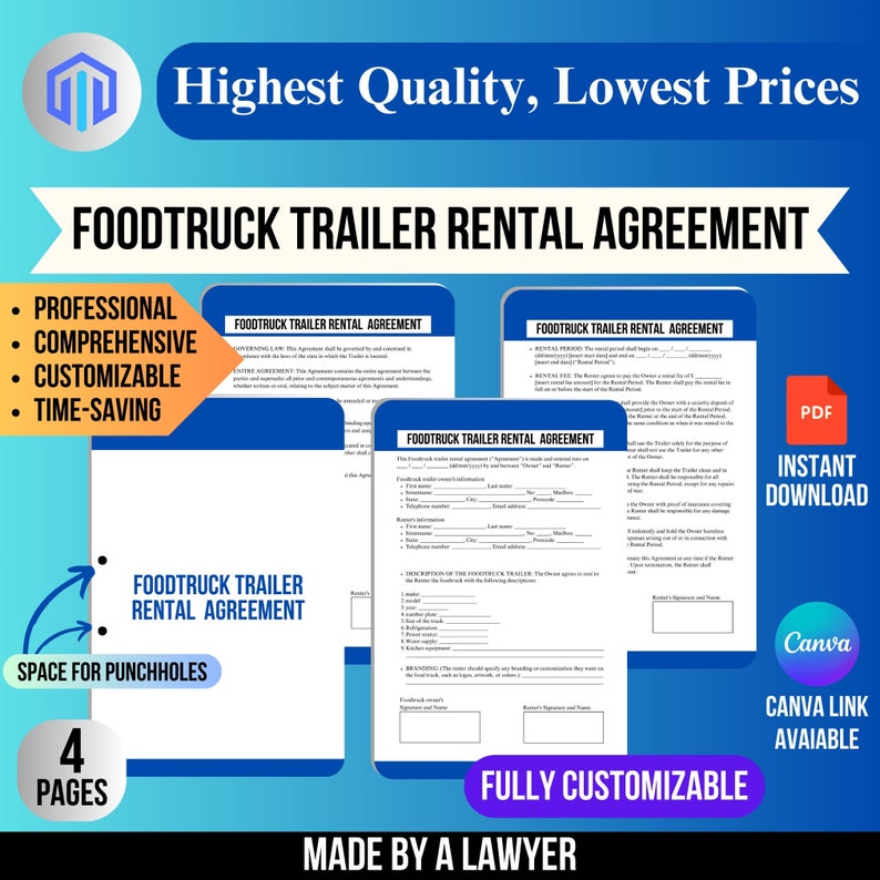 Foodtruck Trailer Rental Agreement, Rental Contract, Customizable ...