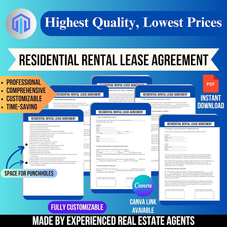 Residential Rental Lease Agreement, Lease Contract, Property Rental ...