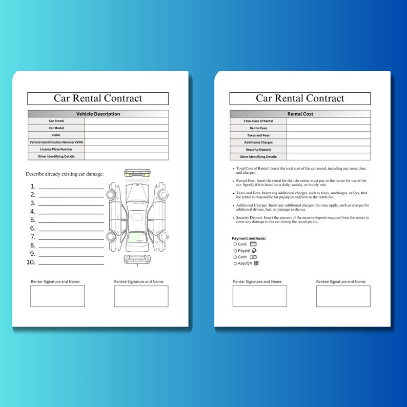 Car Rental Contract Form, Car Lease Agreement, Auto Rent Contract ...