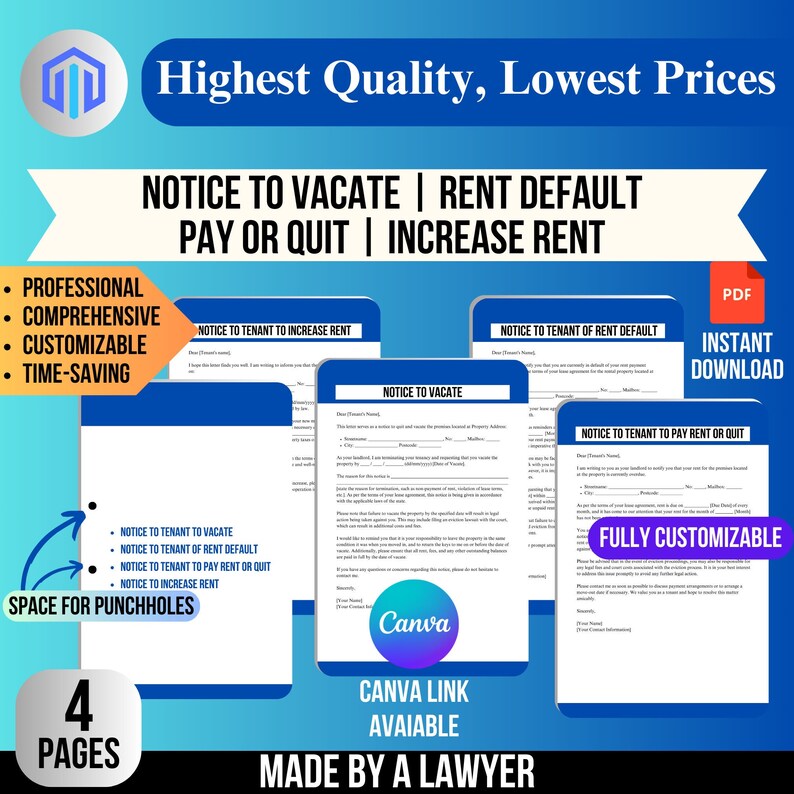 Notice to Vacate + Rent Default + Pay or Quit + Increase Rent, Tenant ...