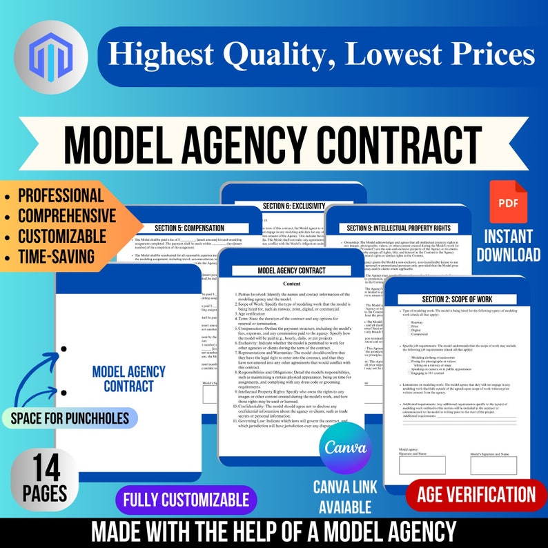 Model Agency Contract Model, Contract Template, Customizable Contract ...