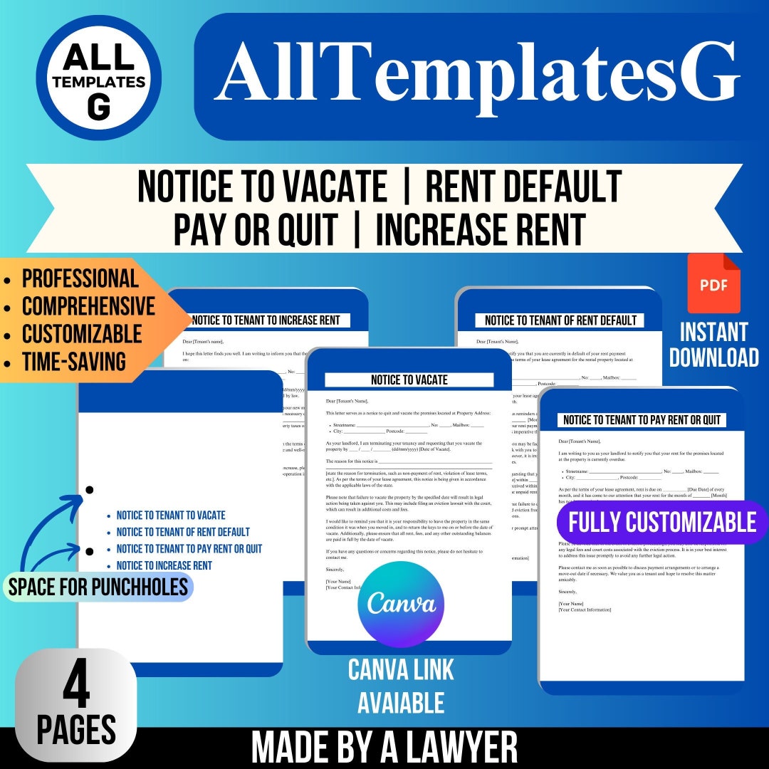 Notice to Vacate Rent Default Pay or Quit Increase Rent, Tenant Notice ...