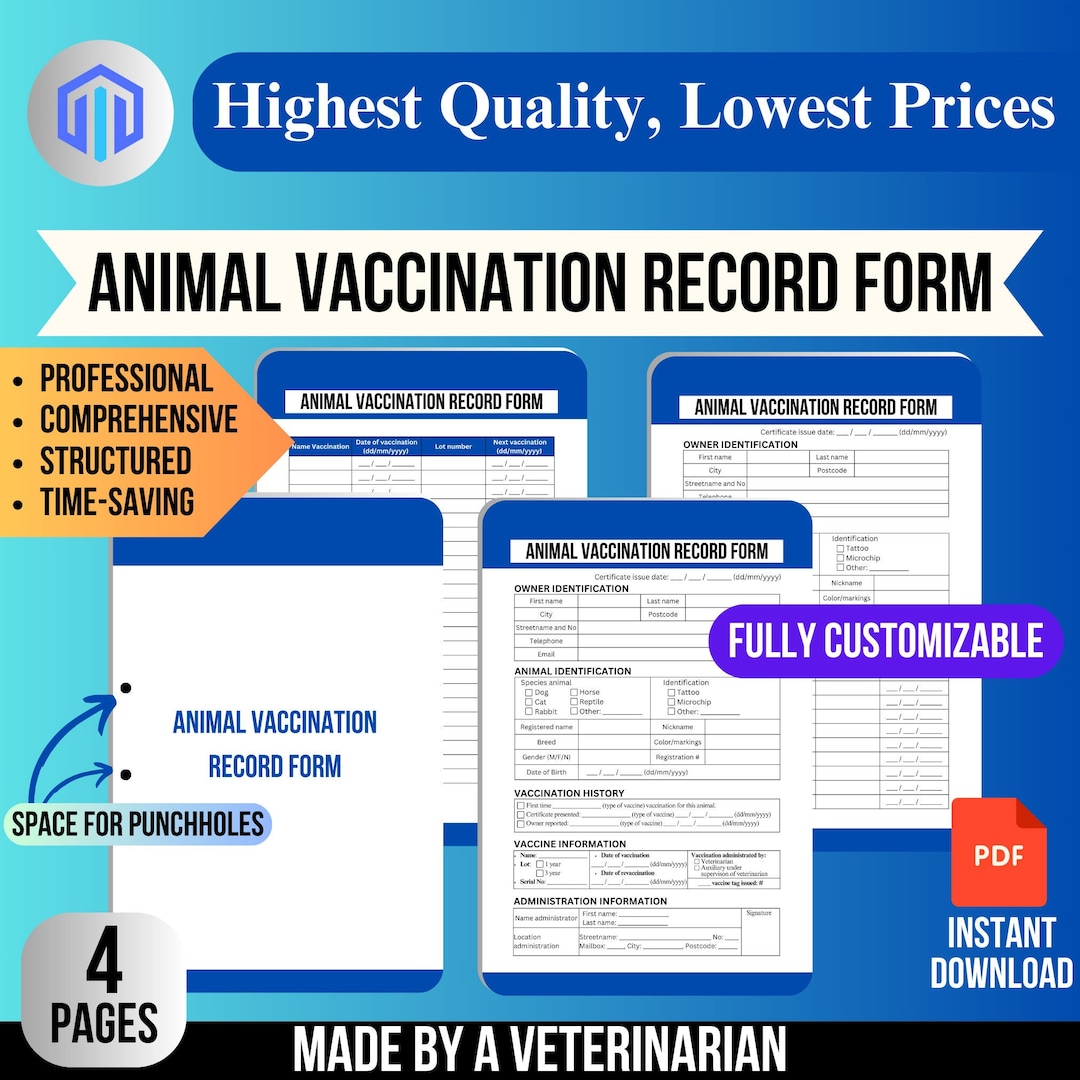 Animal Vaccination Record Form, Pet Vaccine Tracker, Animal Health Log ...