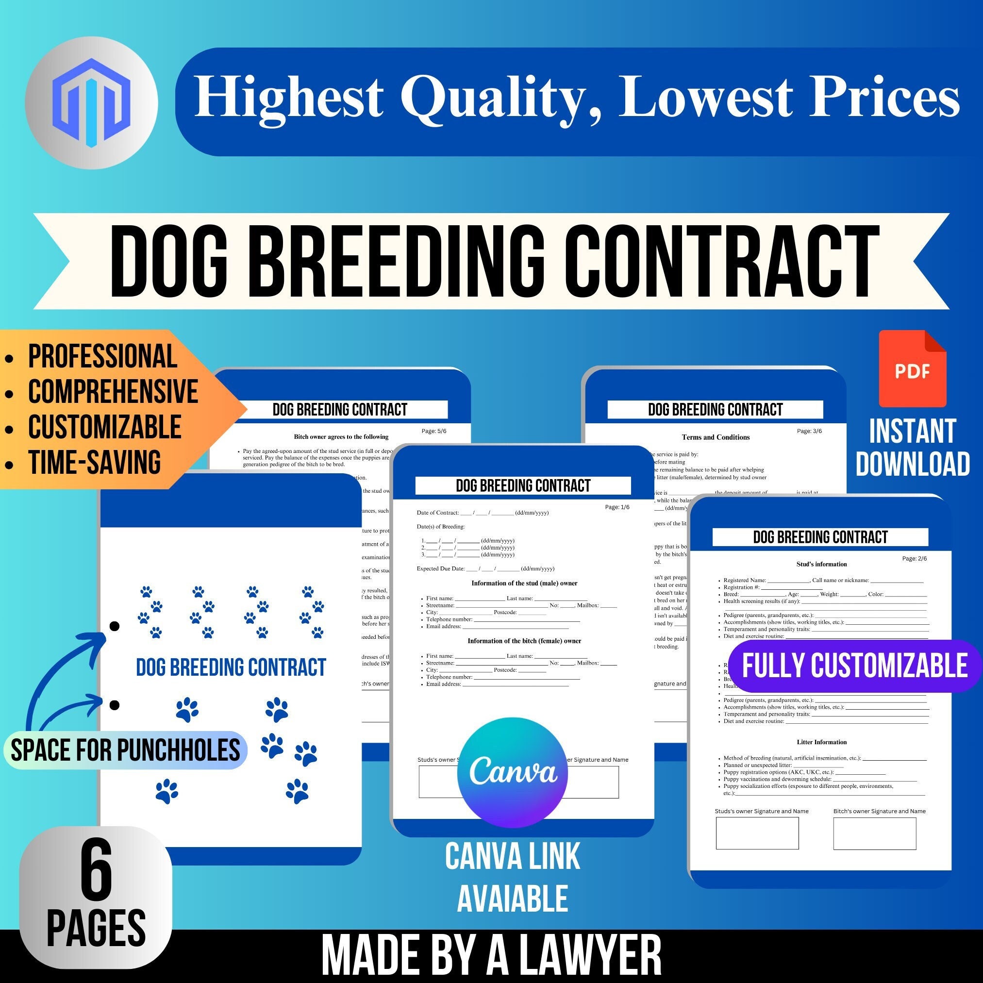 Dog Breeding Contract, Purebred Dog, Canine Mating Form, Dog Breeding ...