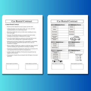 Car Rental Contract Form, Car Lease Agreement, Auto Rent Contract ...
