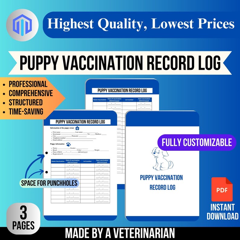 Puppy Vaccination Record Log, Puppy Shot Log, Pet Vaccine Tracker, Dog ...