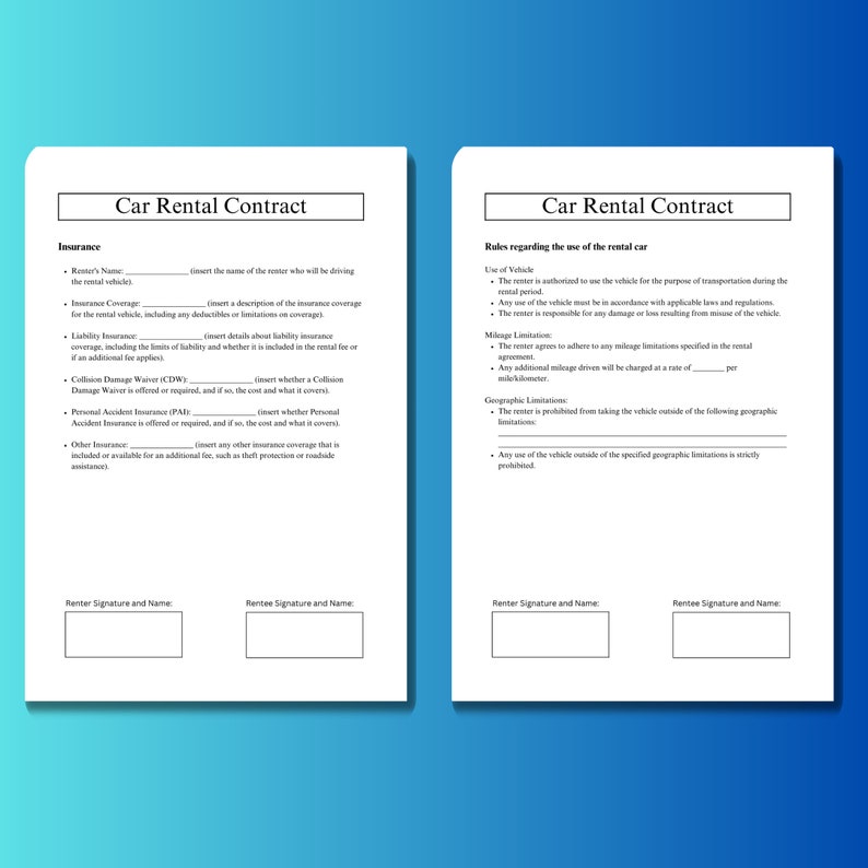Car Rental Contract Form, Car Lease Agreement, Auto Rent Contract ...