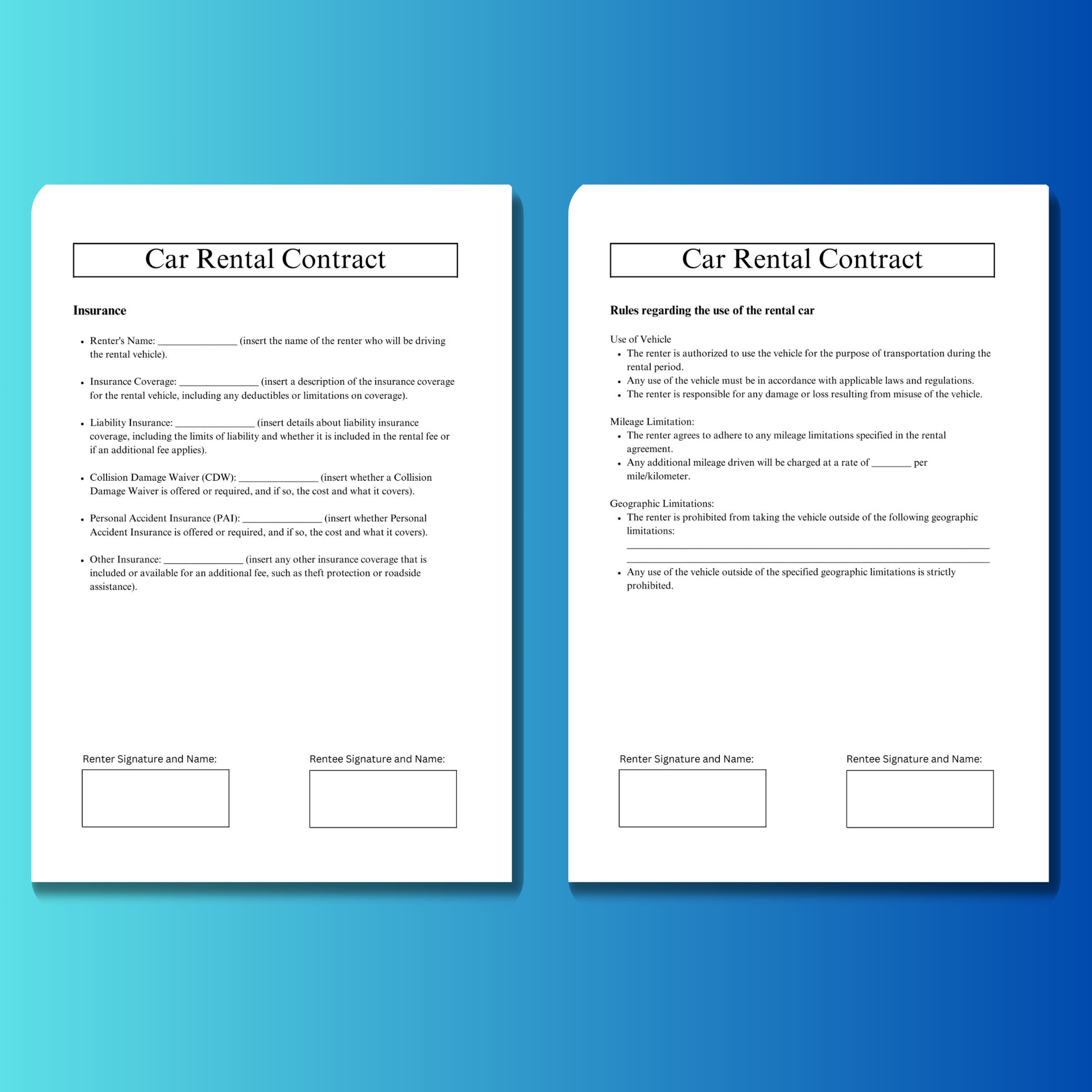 Car Rental Contract Form, Car Lease Agreement, Auto Rent Contract ...