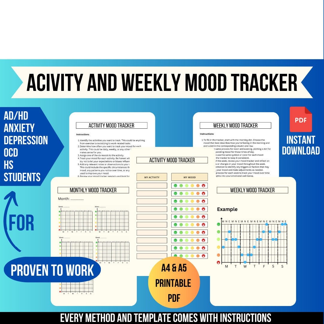 Activity and Weekly Mood Tracker, Self Care Planner, Mental Health ...