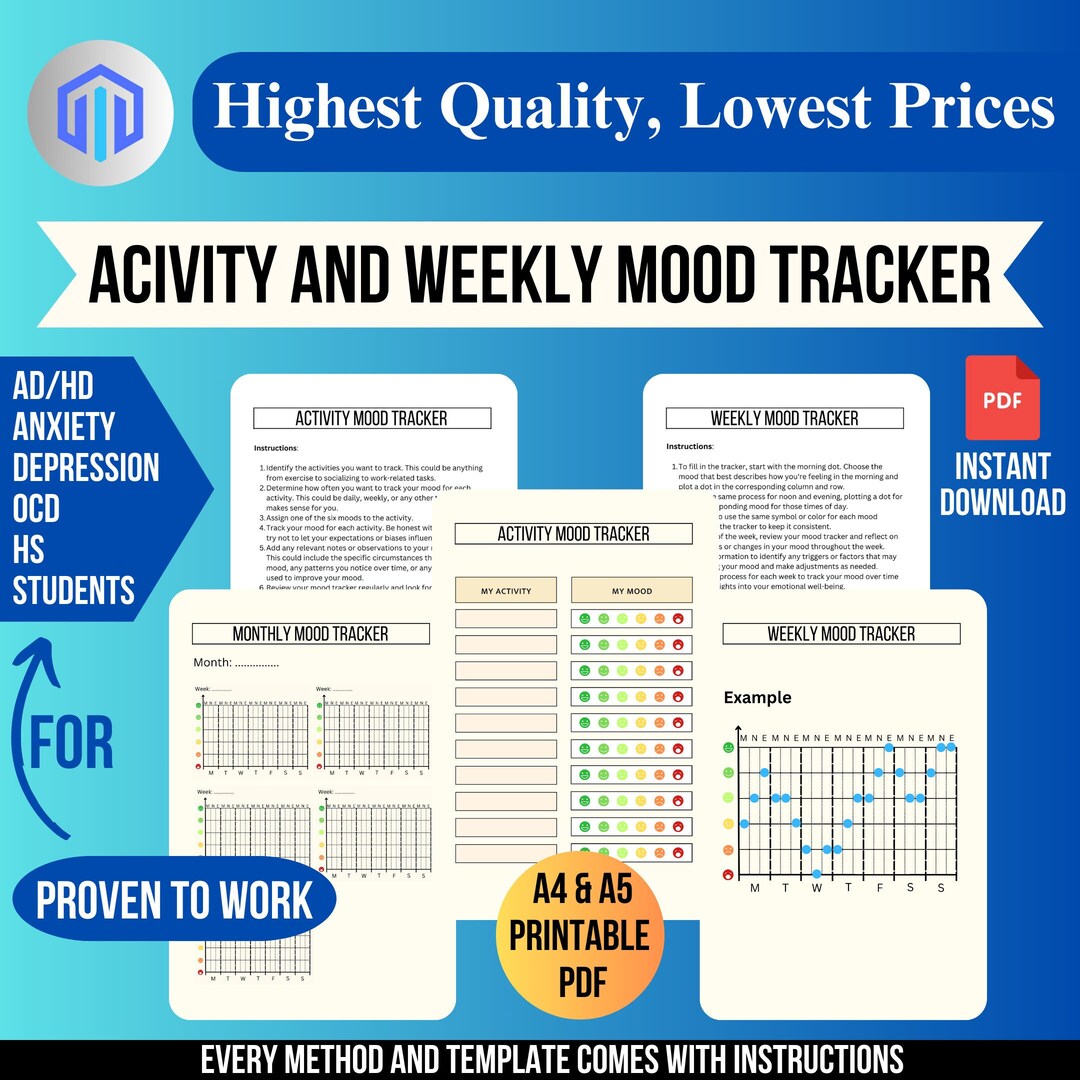 Activity and Weekly Mood Tracker, Self Care Planner, Mental Health ...