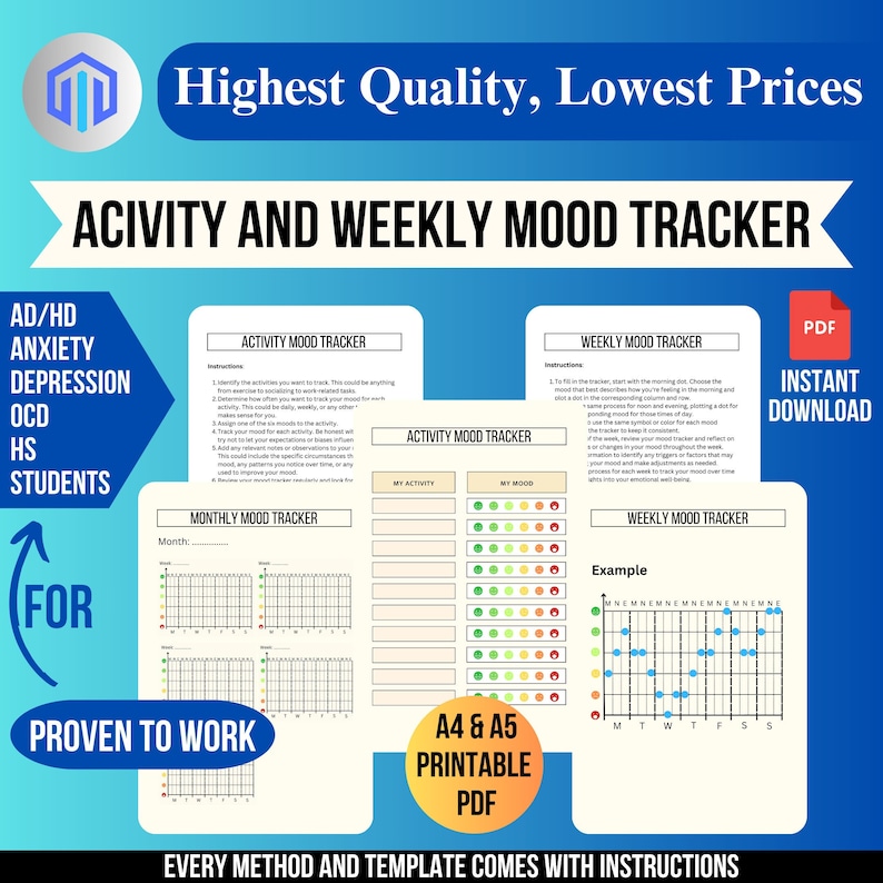 Activity and Weekly Mood Tracker, Self Care Planner, Mental Health ...