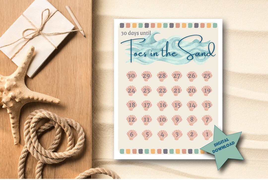 Beach Vacation Countdown Calendar, Toes in the Sand, Printable, Instant ...
