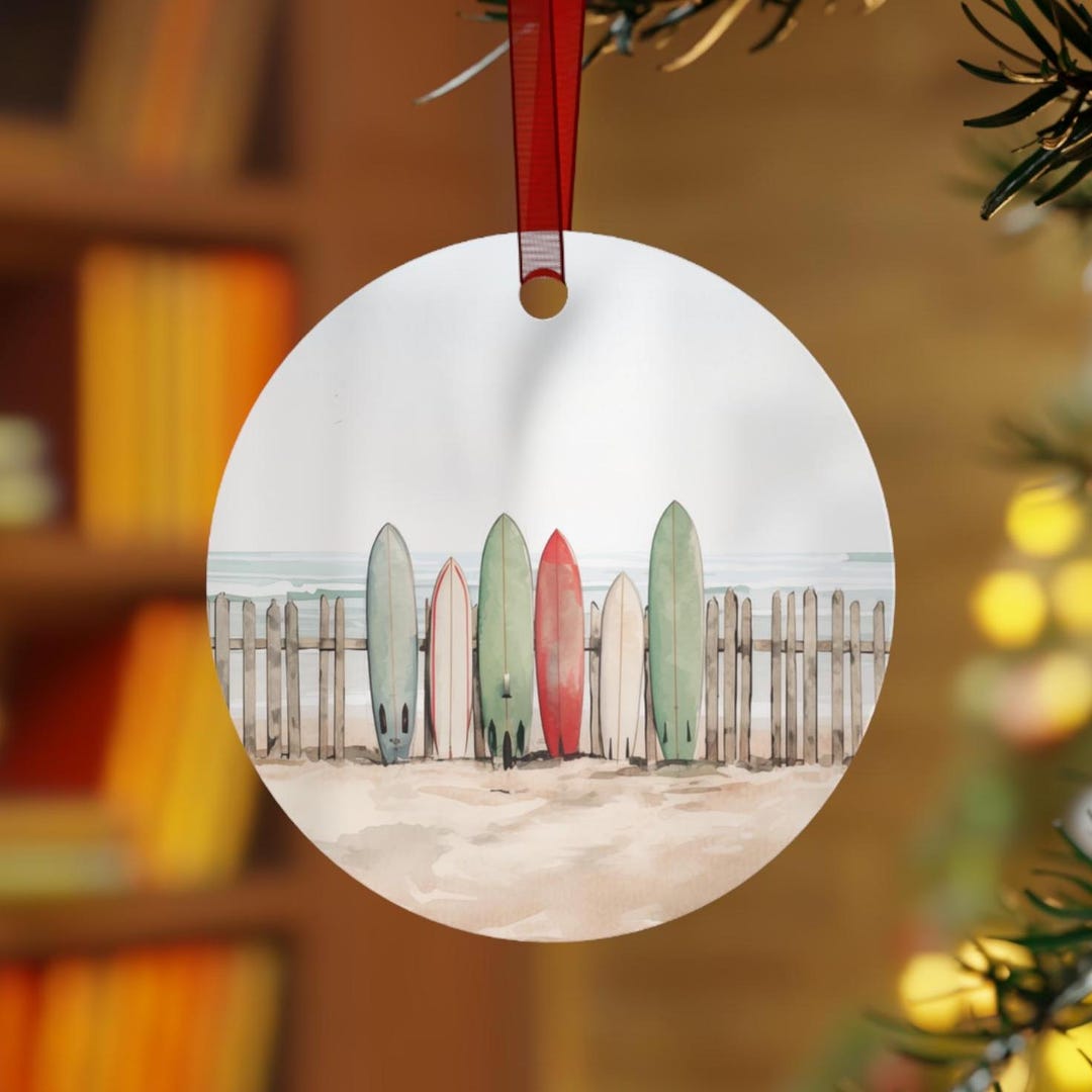 Beachy Surfboard Metal Christmas Ornament: Coastal Holiday Decoration ...