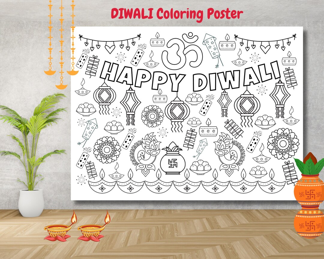LARGE Happy Diwali Coloring Poster Tablecloth, Diwali Children Activity ...