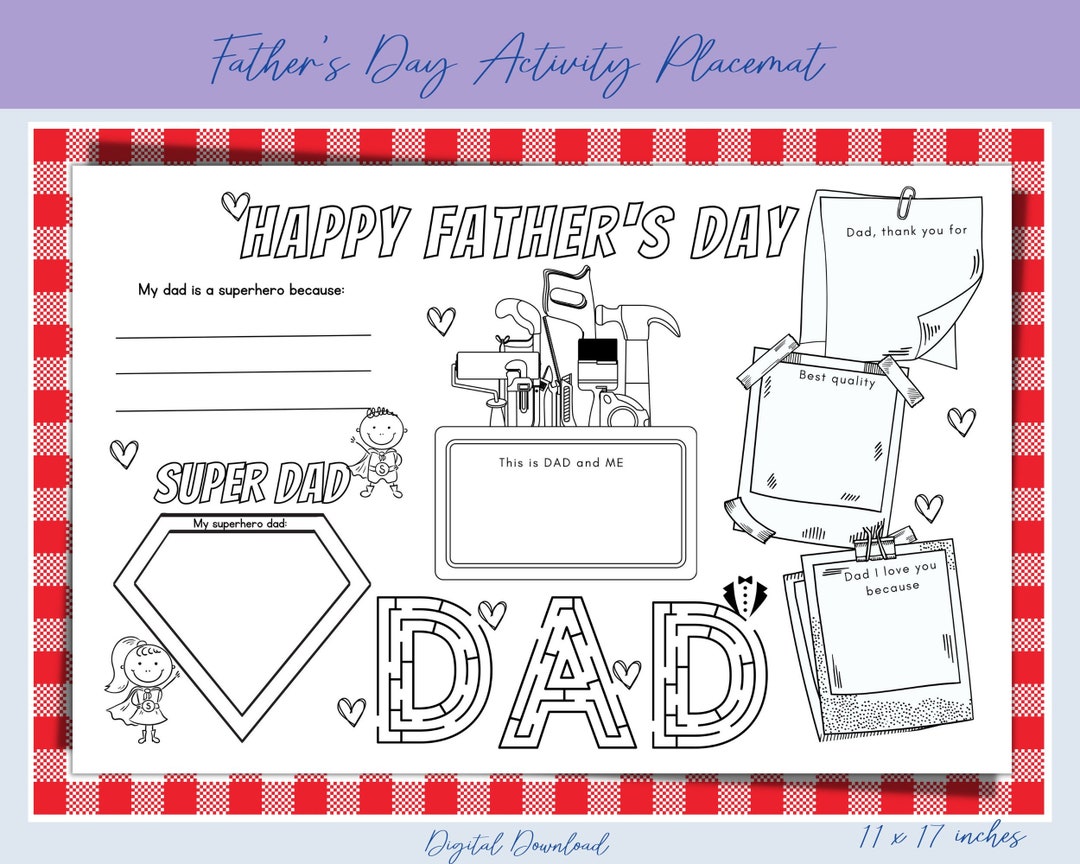 Fathers Day Printable Placemat 17 X 11 Inches | Printable Placemat ...