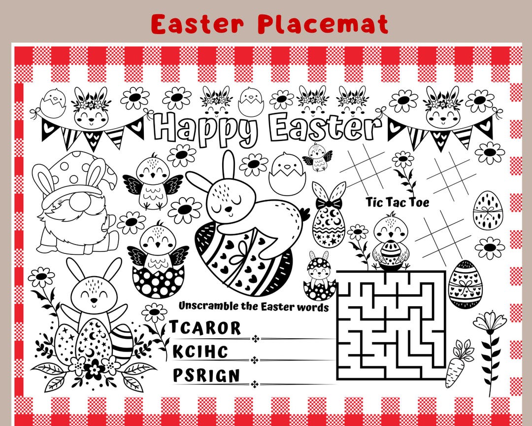 Easter Activity Placemat for Kids: Coloring Page Games (PDF) - Etsy
