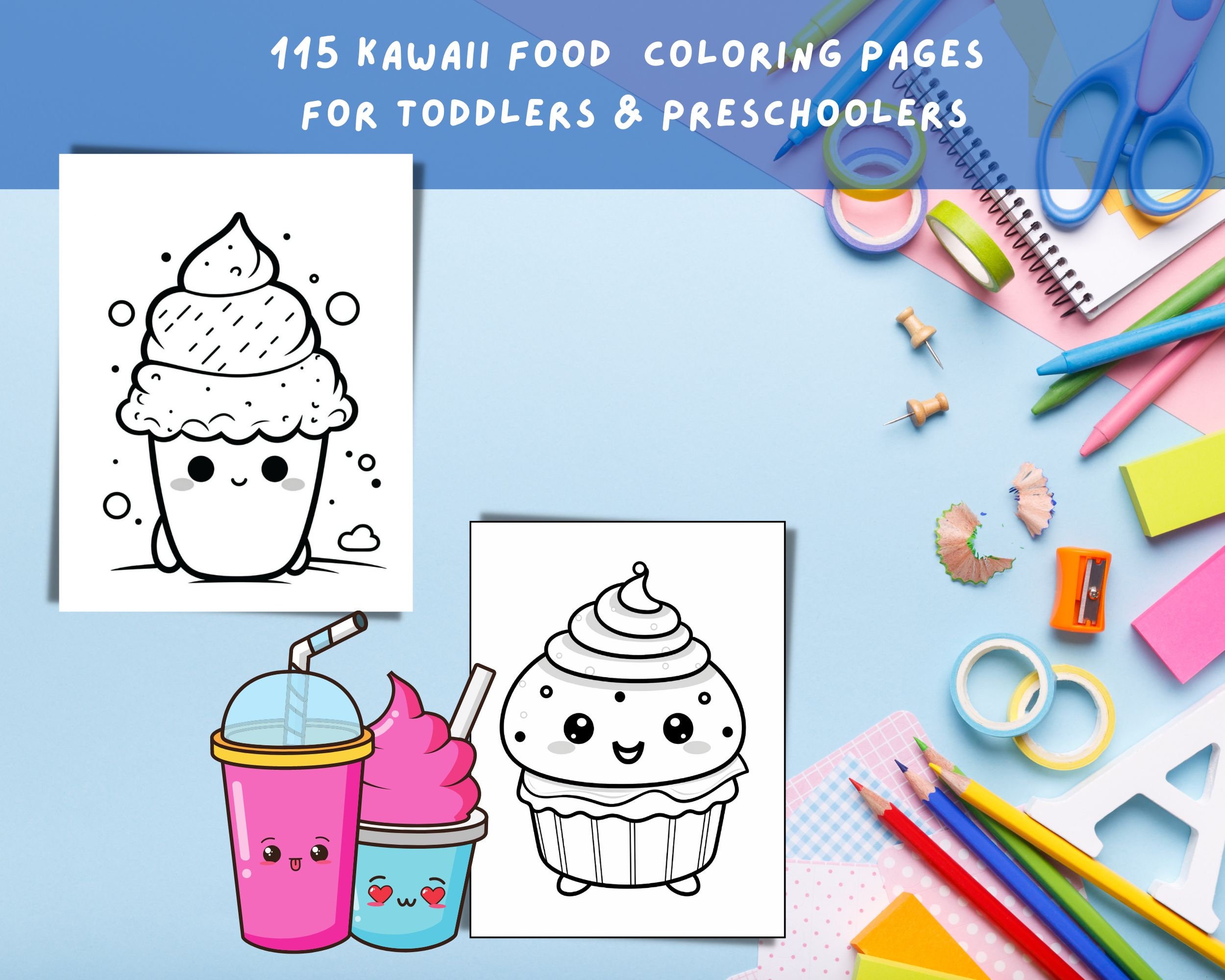 Kawaii Food Coloring Pages for Kids, Toddlers, Preschoolers, Easy ...
