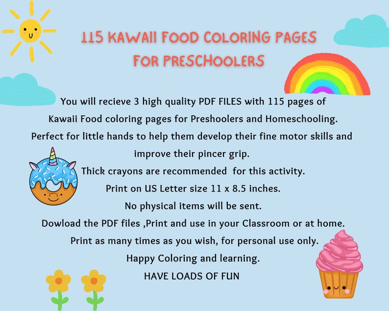 Kawaii Food Coloring Pages for Kids, Toddlers, Preschoolers, Easy ...