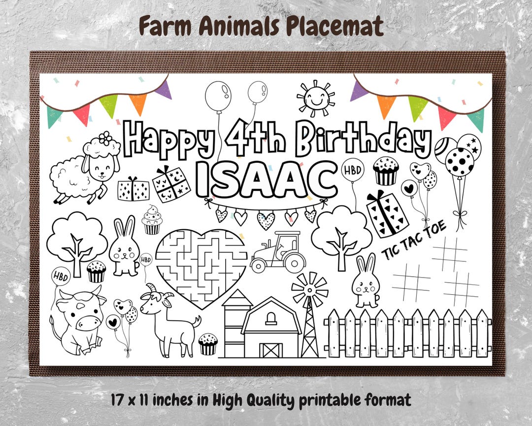 Personalized Farm Animals Birthday Party Placemat for Kids Farm Animal ...