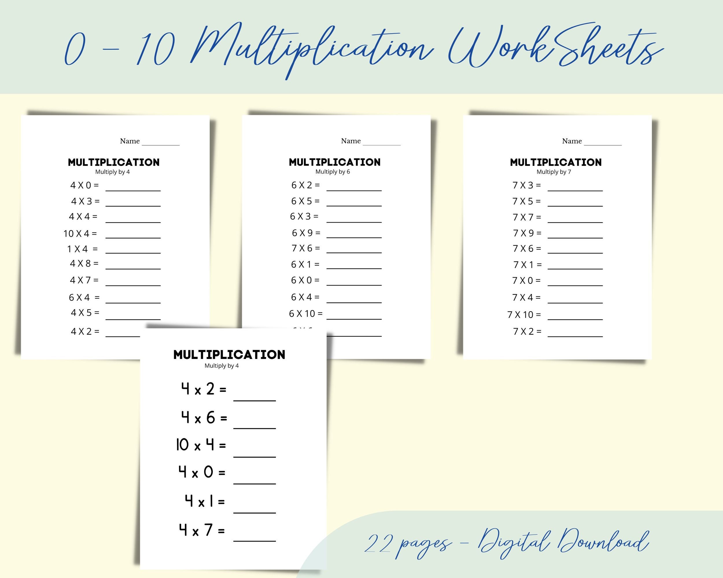 22 Multiplication Worksheets for Kids Numbers 0 - 10 Tables ...